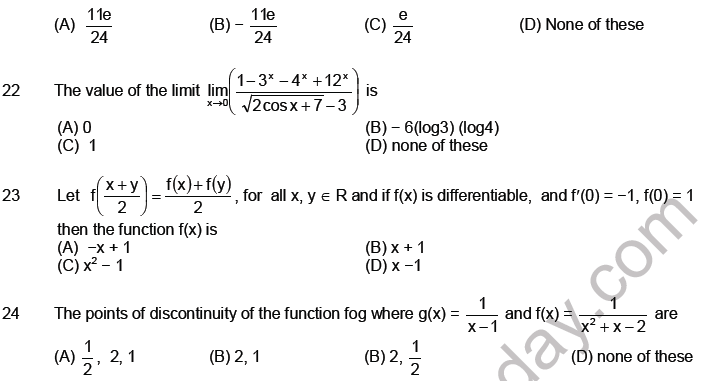 JEE Mathematics Limits Continuity and Differentiability MCQs Set A with Answers